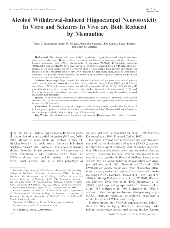 (PDF) Alcohol Withdrawal-Induced Hippocampal Neurotoxicity In Vitro and ...