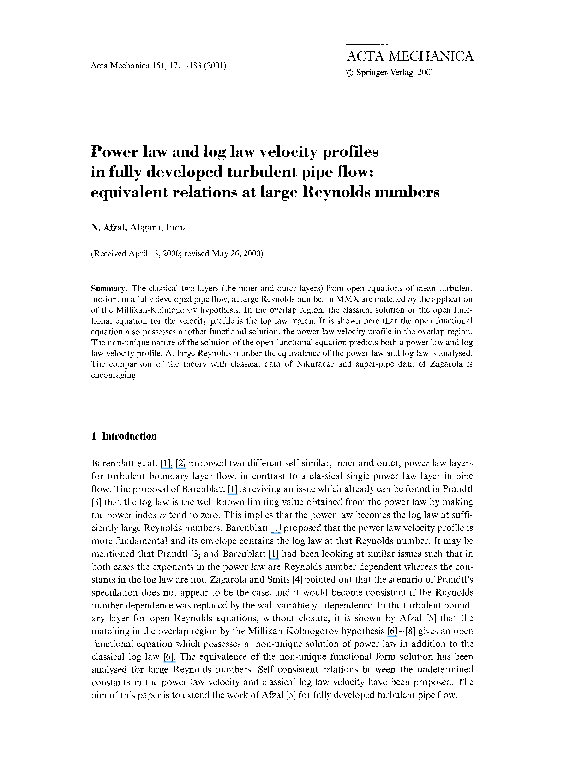 (PDF) Power law and log law velocity profiles in fully developed ...