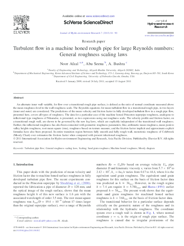 (PDF) Turbulent flow in a machine honed rough pipe for large Reynolds numbers: General roughness ...
