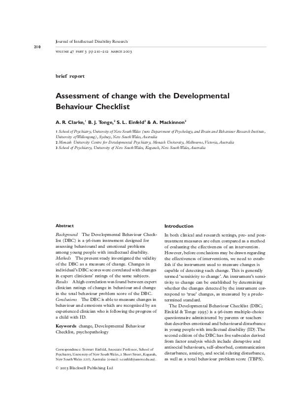(PDF) Assessment of change with the Developmental Behaviour Checklist
