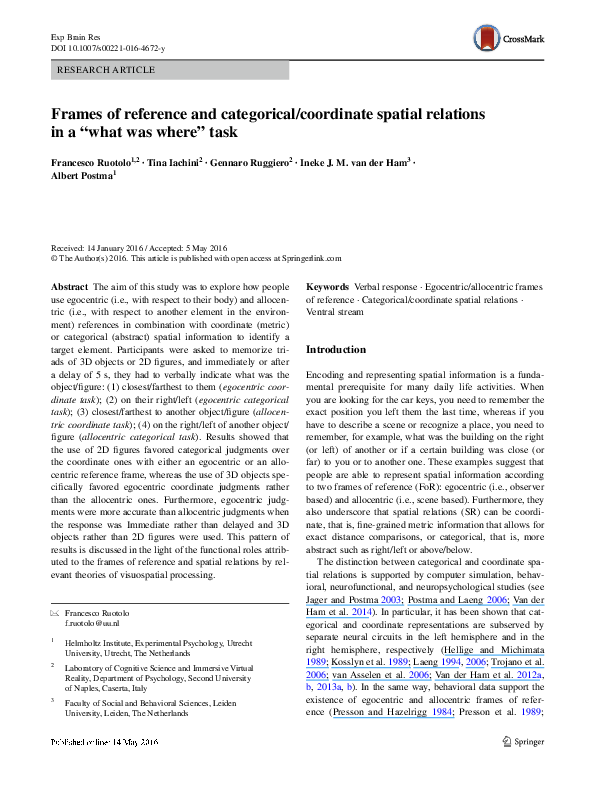 Pdf Frames Of Reference And Categoricalcoordinate Spatial Relations In A What Was Where