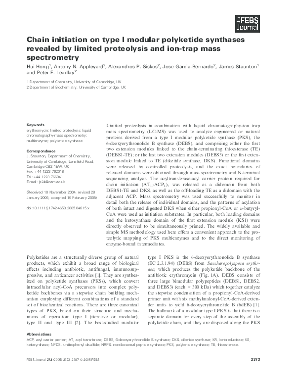 (PDF) Chain initiation on type I modular polyketide synthases revealed by limited proteolysis ...