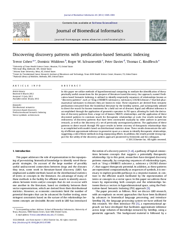 Pdf Discovering Discovery Patterns With Predication Based Semantic Indexing