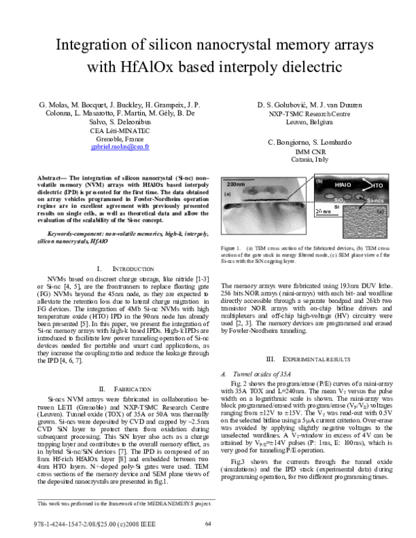 (PDF) Integration of Silicon Nanocrystal Memory Arrays with HfAlOx Based Interpoly Dielectric