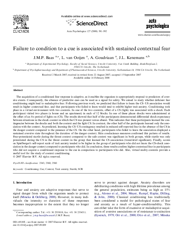 (PDF) Failure to condition to a cue is associated with sustained ...