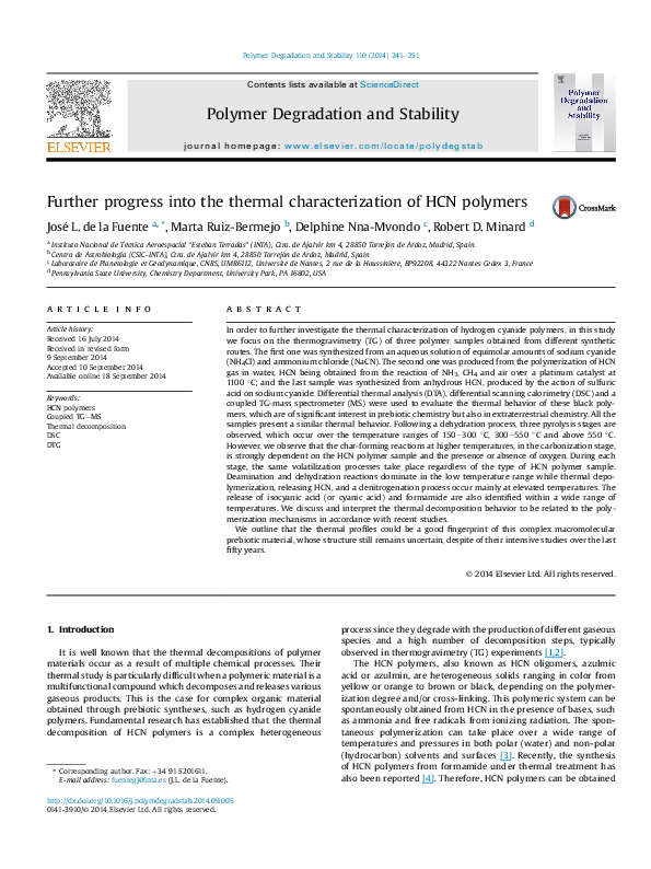 (PDF) Further progress into the thermal characterization of HCN polymers