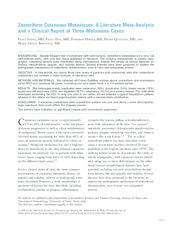 (PDF) Zosteriform Cutaneous Metastases: A Literature Meta-Analysis and ...
