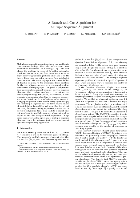 Pdf A Branch And Cut Algorithm For Multiple Sequence Alignment