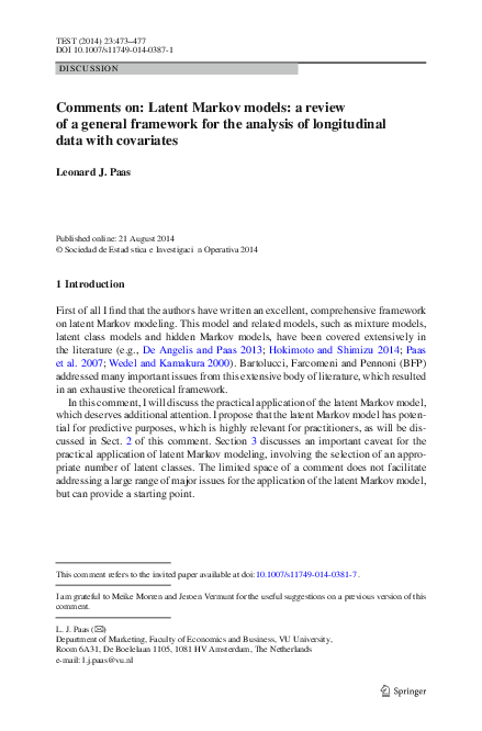 Pdf Comments On Latent Markov Models A Review Of A General Framework For The Analysis Of