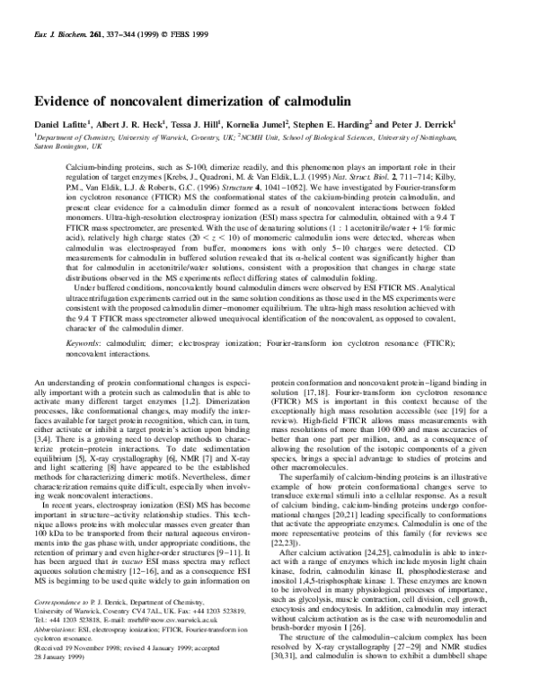 (PDF) Evidence of noncovalent dimerization of calmodulin