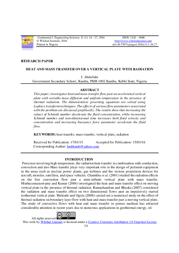 (PDF) HEAT AND MASS TRANSFER OVER A VERTICAL PLATE WITH RADIATION