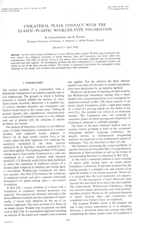 (PDF) Unilateral plate contact with the elastic-plastic winkler-type ...