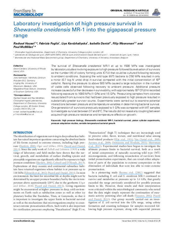 (PDF) Laboratory investigation of high pressure survival in Shewanella oneidensis MR-1 into the ...