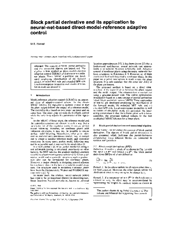 (PDF) Block partial derivative and its application to neural-net-based direct model-reference ...