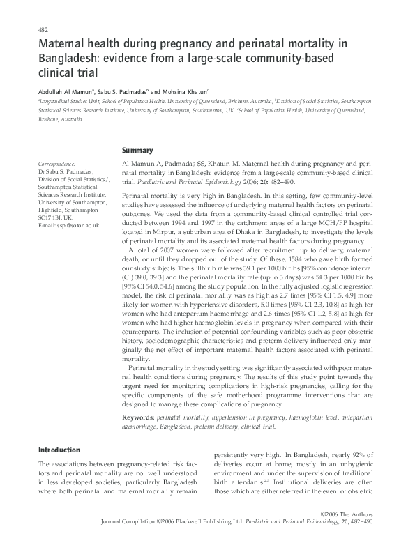 (PDF) Maternal health during pregnancy and perinatal mortality in ...