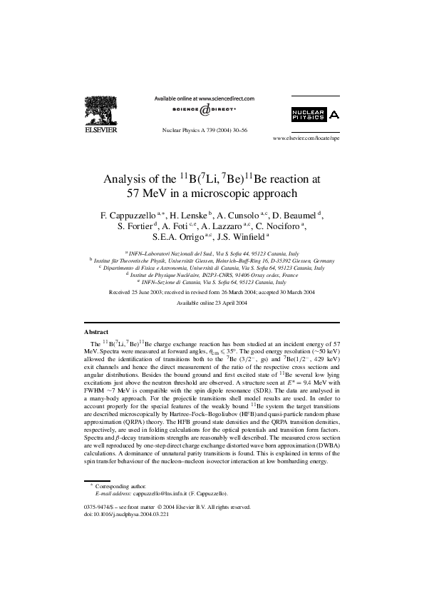 (PDF) Analysis of the 11B(7Li,7Be)11Be reaction at 57 MeV in a ...