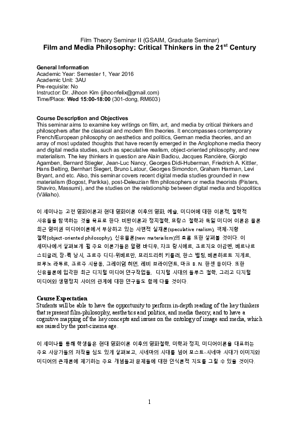 (PDF) Course Syllabus - Film and Media Philosophy: Critical Thinkers in ...