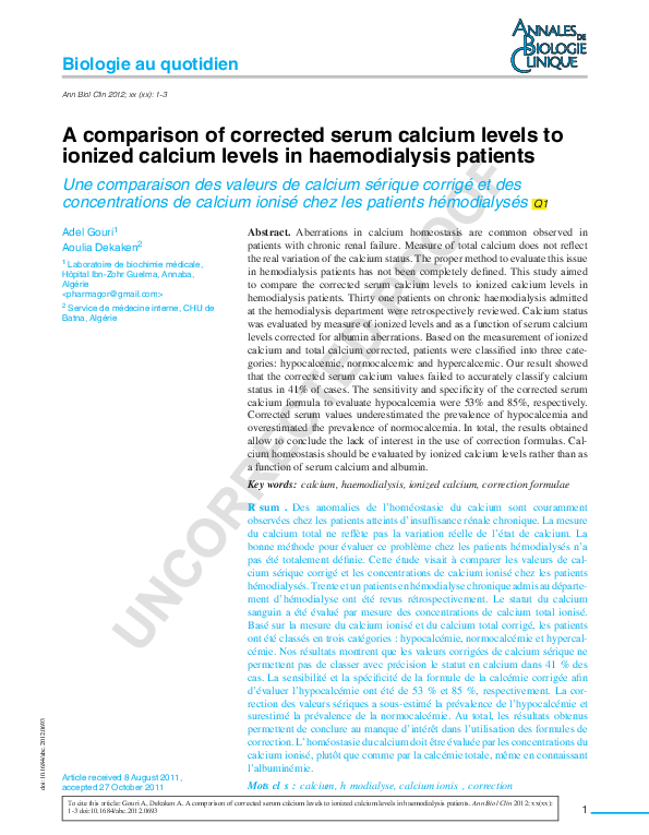 (PDF) A comparison of corrected serum calcium levels to ionized calcium ...