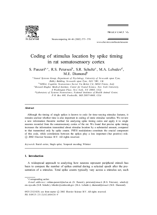 (PDF) Coding of stimulus location by spike timing in rat somatosensory cortex