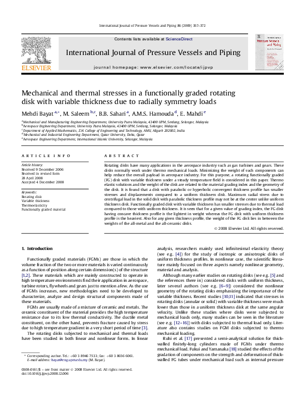 (PDF) Mechanical and thermal stresses in a functionally graded rotating disk with variable ...