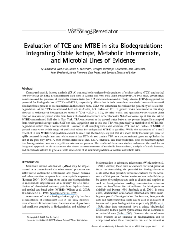(PDF) Evaluation of TCE and MTBE in situ Biodegradation: Integrating ...