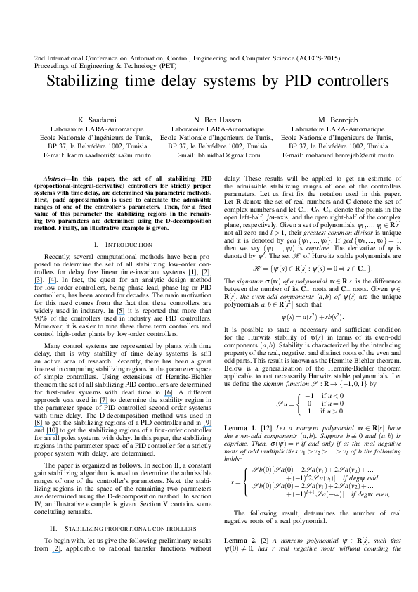 (PDF) Stabilizing time delay systems by PID controllers