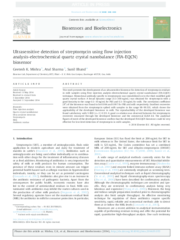 Pdf Ultrasensitive Detection Of Streptomycin Using Flow Injection Analysis Electrochemical
