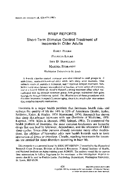 Short-term stimulus control treatment of insomnia in older adults