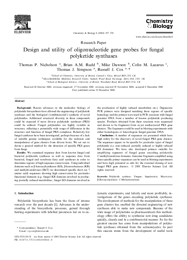 Pdf Design And Utility Of Oligonucleotide Gene Probes For Fungal Polyketide Synthases