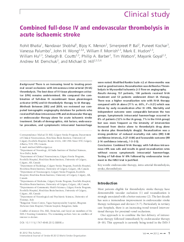 (PDF) Combined full-dose IV and endovascular thrombolysis in acute ischaemic stroke