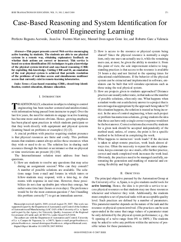 Pdf Case Based Reasoning And System Identification For Control Engineering Learning