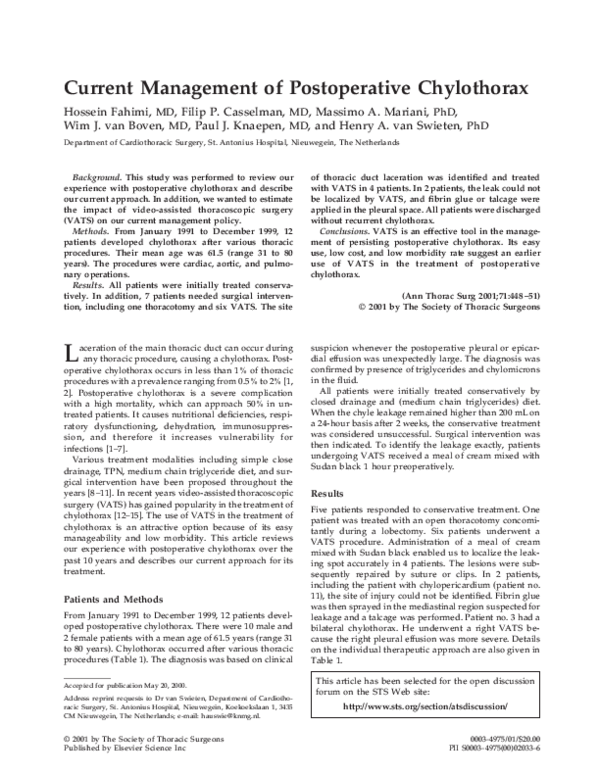(PDF) Current management of postoperative chylothorax