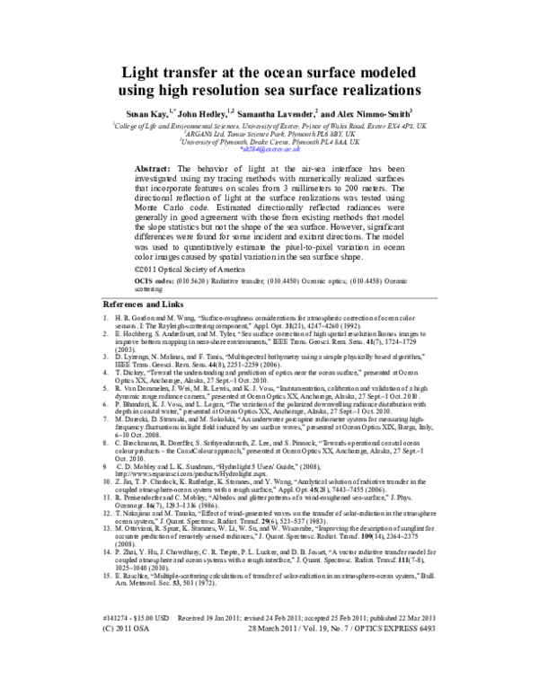 Pdf Light Transfer At The Ocean Surface Modeled Using High Resolution Sea Surface Realizations