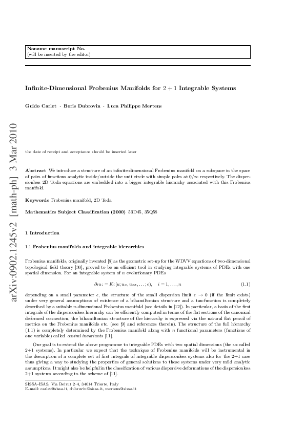 (PDF) Infinite-dimensional Frobenius manifolds for 2 + 1 integrable systems