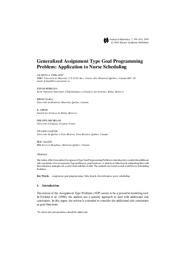 (PDF) Generalized Assignment Type Goal Programming Problem: Application to Nurse Scheduling
