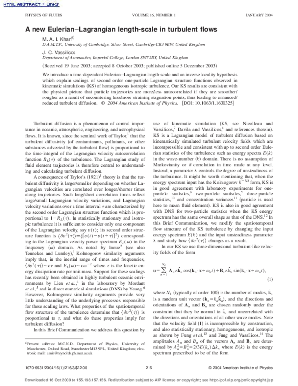 (PDF) A new Eulerian–Lagrangian length-scale in turbulent flows