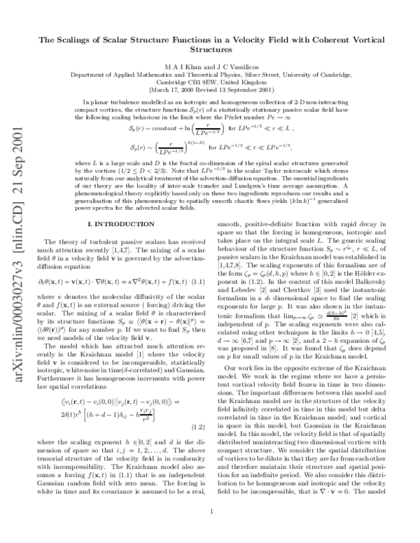 Pdf Scalings Of Scalar Structure Functions In A Velocity Field With