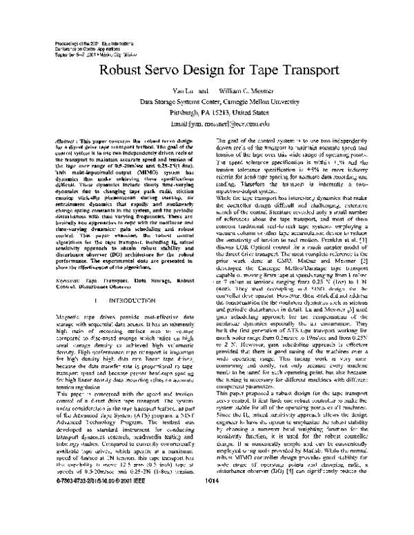 (PDF) Robust servo design for tape transport