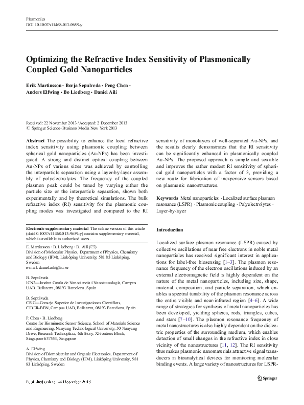 Pdf Optimizing The Refractive Index Sensitivity Of Plasmonically Coupled Gold Nanoparticles