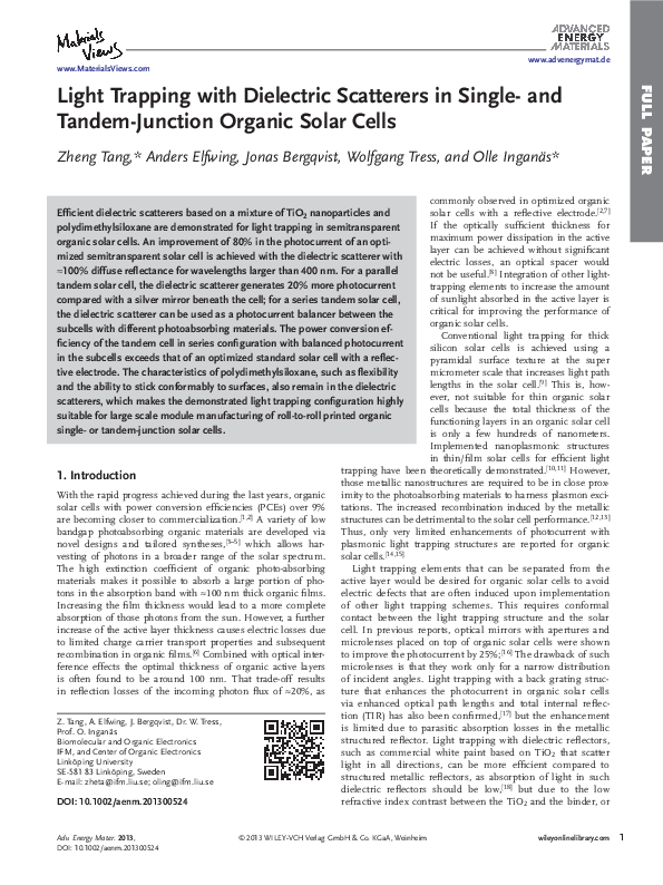 (PDF) Light trapping with dielectric scatterers in single- and tandem ...