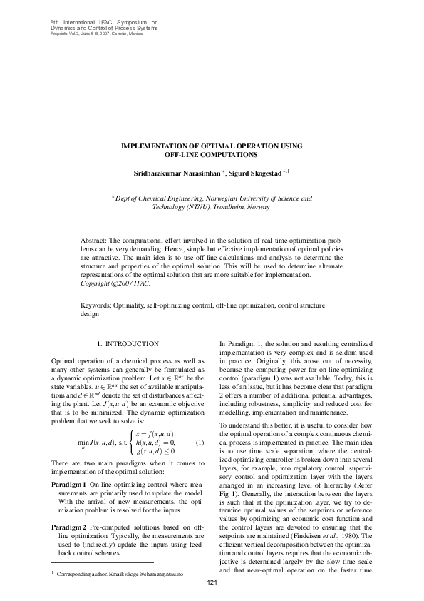 Pdf Implementation Of Optimal Operation Using Off Line Computations