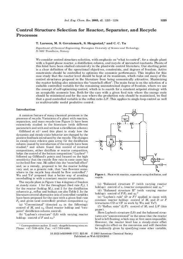 (PDF) Control Structure Selection for Reactor, Separator, and Recycle Processes