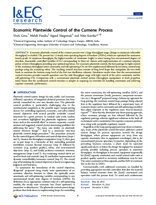 (PDF) Economic Plantwide Control of the Cumene Process