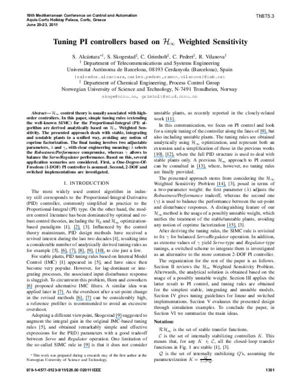 Pdf Tuning Pi Controllers Based On ∞ Weighted Sensitivity