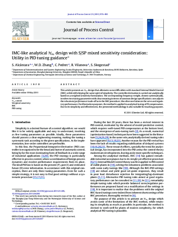 (PDF) IMC-like analytical design with S/SP mixed sensitivity consideration: Utility in PID ...