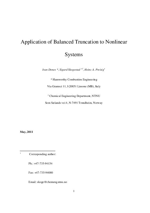 Pdf Application Of Balanced Truncation To Nonlinear Systems