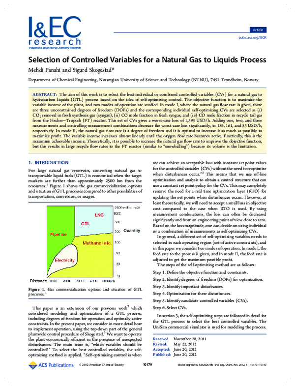 (PDF) Selection of Controlled Variables for a Natural Gas to Liquids ...