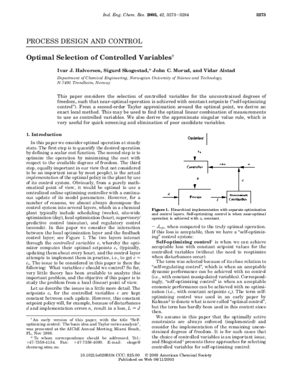 (PDF) Optimal Selection of Controlled Variables