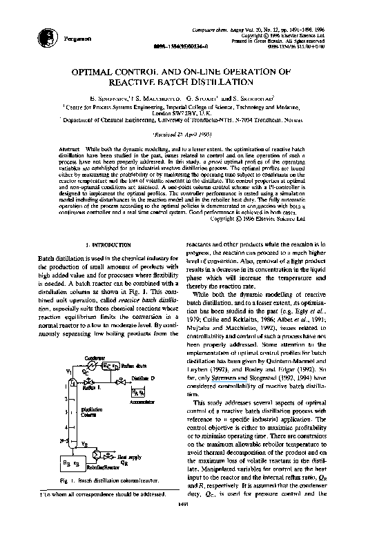 Pdf Optimal Control And On Line Operation Of Reactive Batch Distillation Sigurd Skogestad