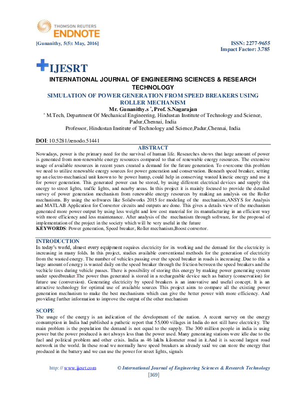 Pdf Simulation Of Power Generation From Speed Breakers Using Roller